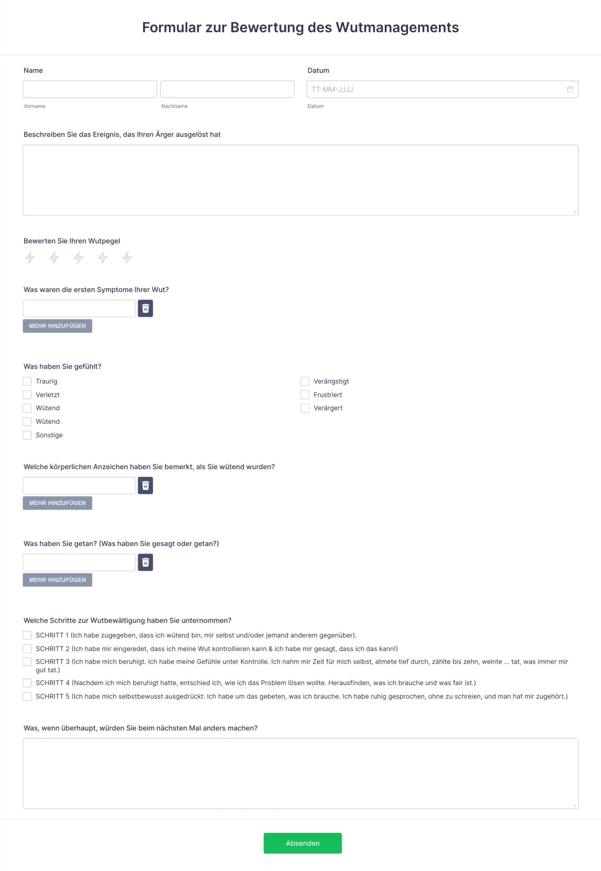 Formular zur Bewertung des Wutmanagements Formularvorlage | Jotform