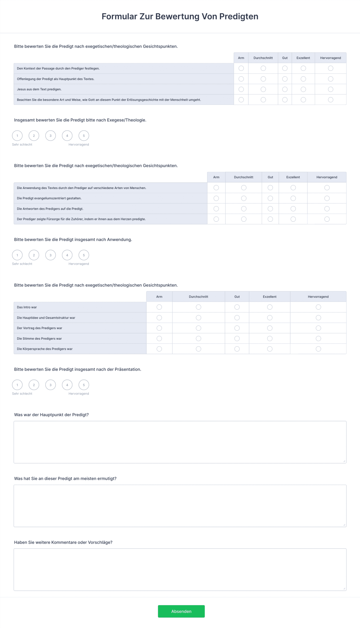 Formular Zur Bewertung Von Predigten Formularvorlage | Jotform