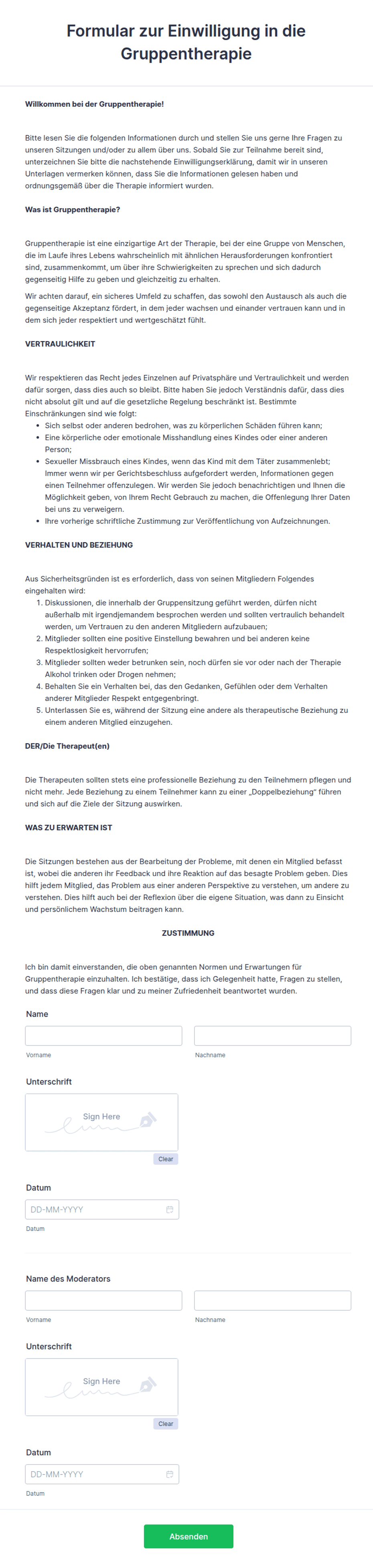 Formular zur Einwilligung in die Gruppentherapie Formularvorlage | Jotform