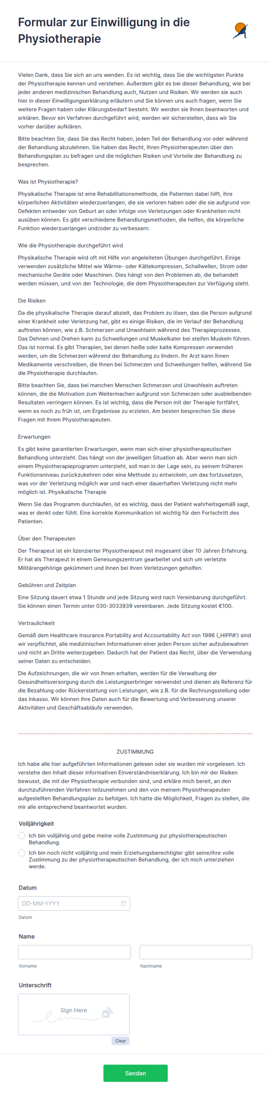 Formular zur Einwilligung in die Physiotherapie Formularvorlage | Jotform
