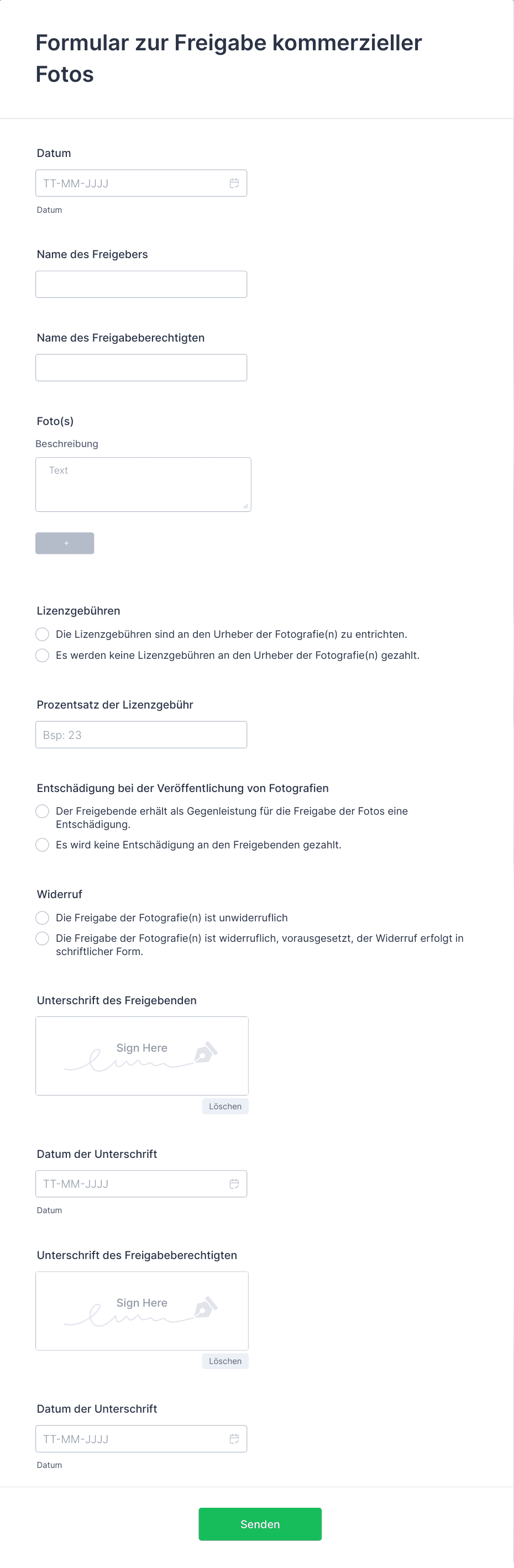 Formular zur Freigabe kommerzieller Fotos Formularvorlage | Jotform