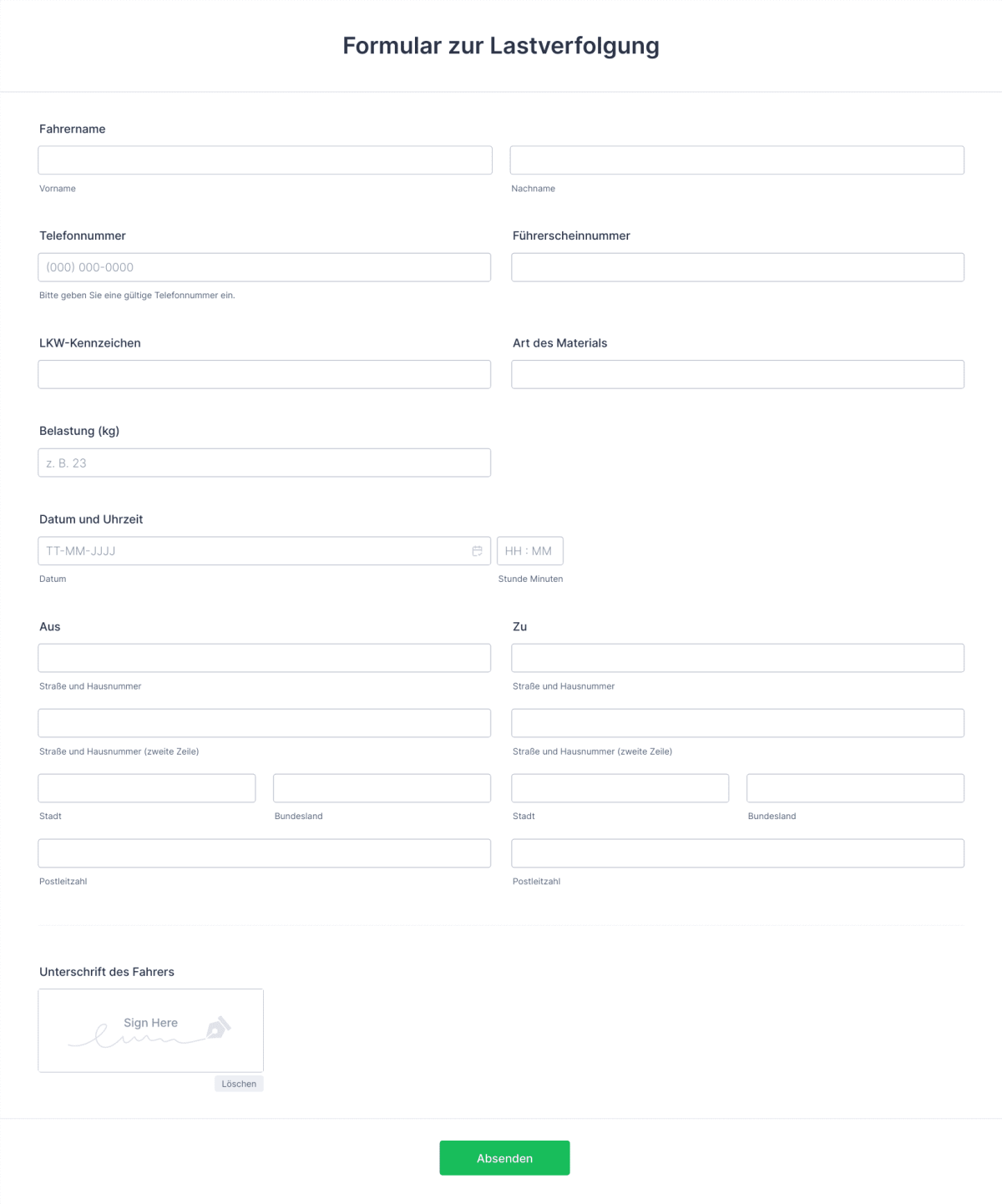 Formular zur Lastverfolgung Formularvorlage | Jotform