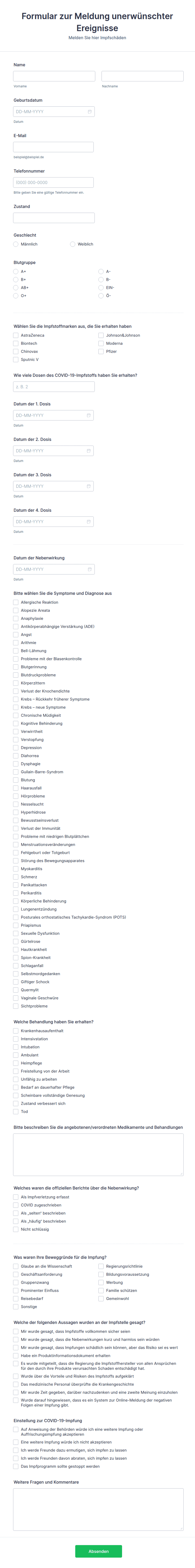 Formular zur Meldung unerwünschter Ereignisse Formularvorlage | Jotform