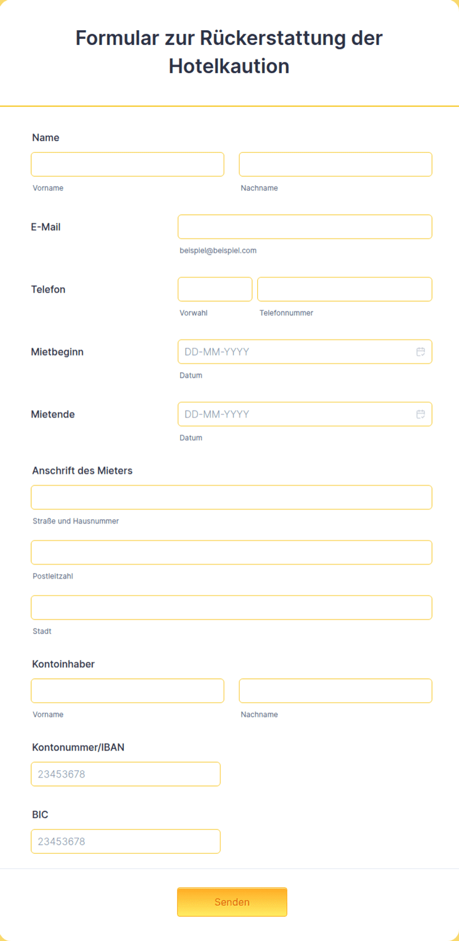 Formular zur Rückerstattung der Hotelkaution | Jotform