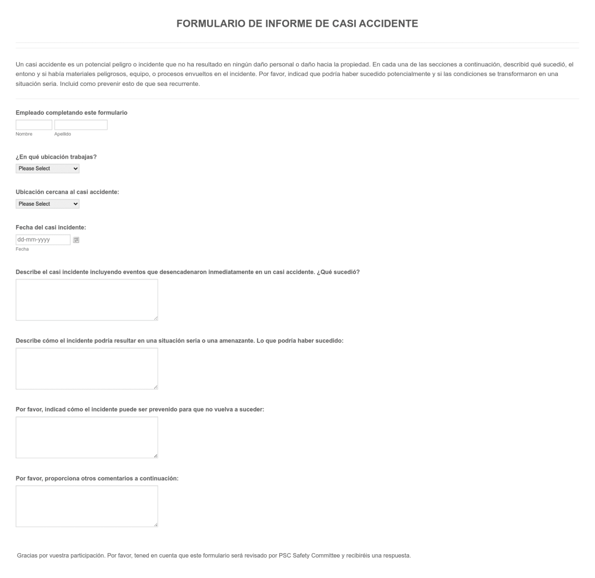 Formulario de Informe de Casi Incidente Plantilla de formulario | Jotform