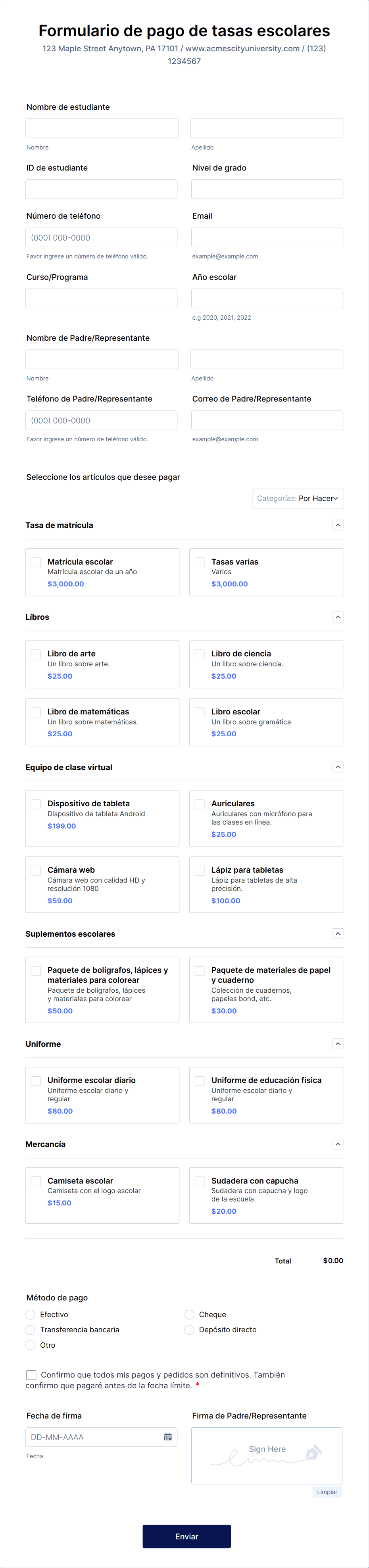 Formulario de pago de tasas escolares Plantilla de formulario | Jotform