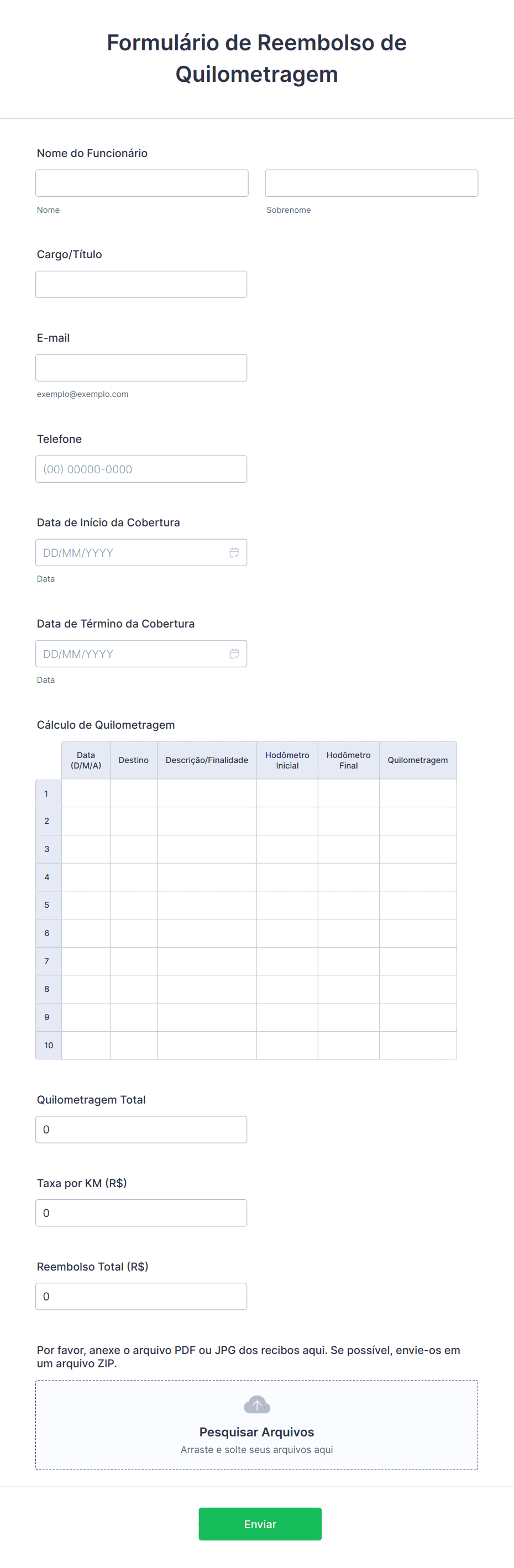 Formulário de Reembolso de Quilometragem Modelo de Formulário | Jotform