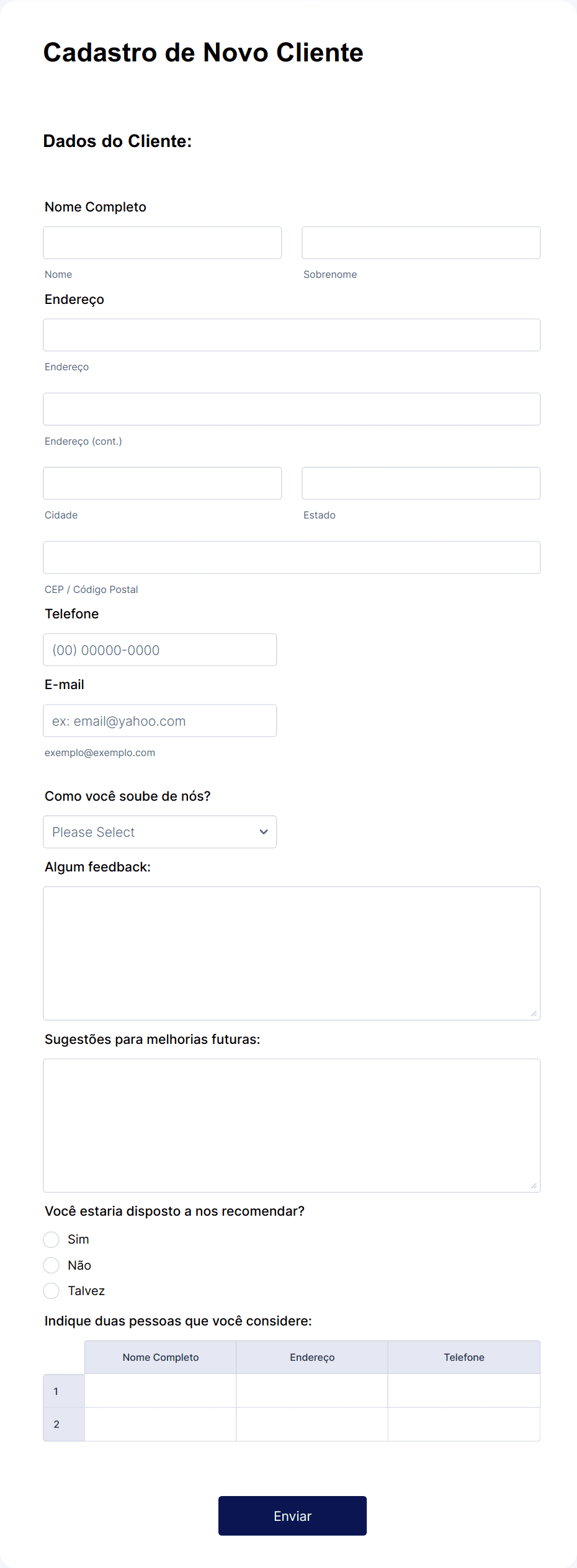 Formulário para Cadastro de Novos Clientes Modelo de Formulário | Jotform