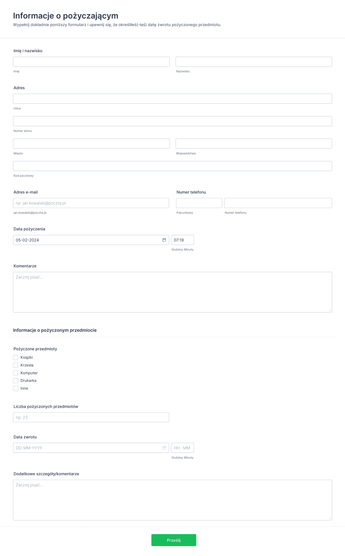 Formularz Śledzenia Pożyczonych Przedmiotów Szablon Formularza | Jotform