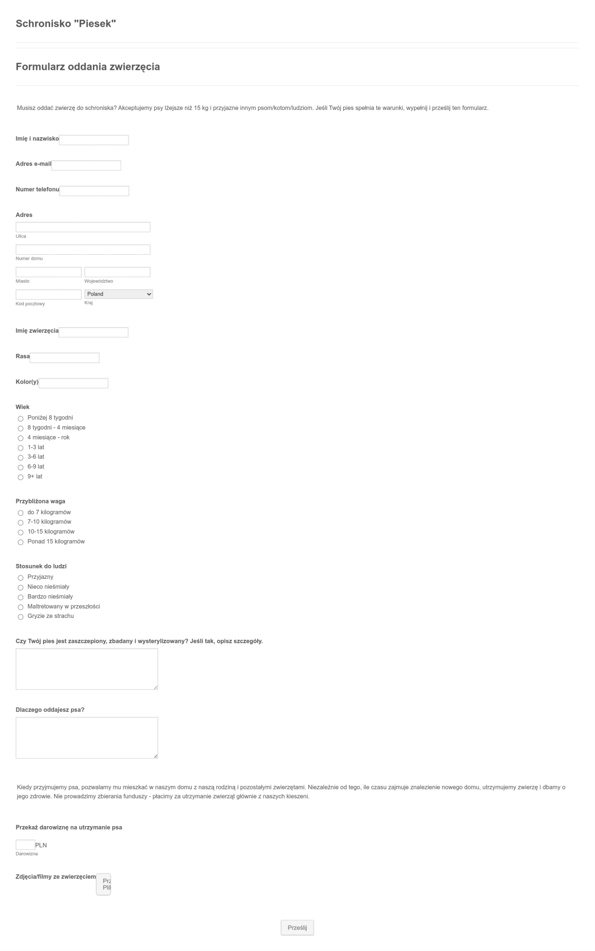 Formularz Oddania Zwierzęcia Szablon Formularza | Jotform