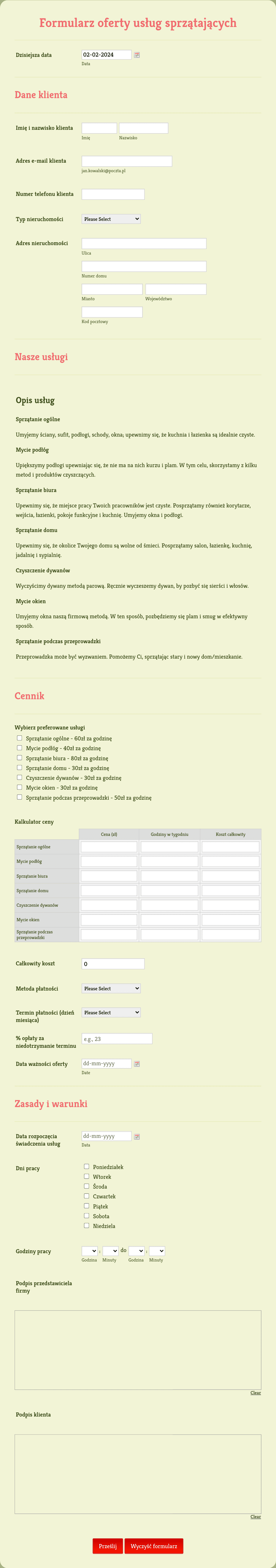 Formularz Oferty Usług Sprzątających Szablon Formularza | Jotform