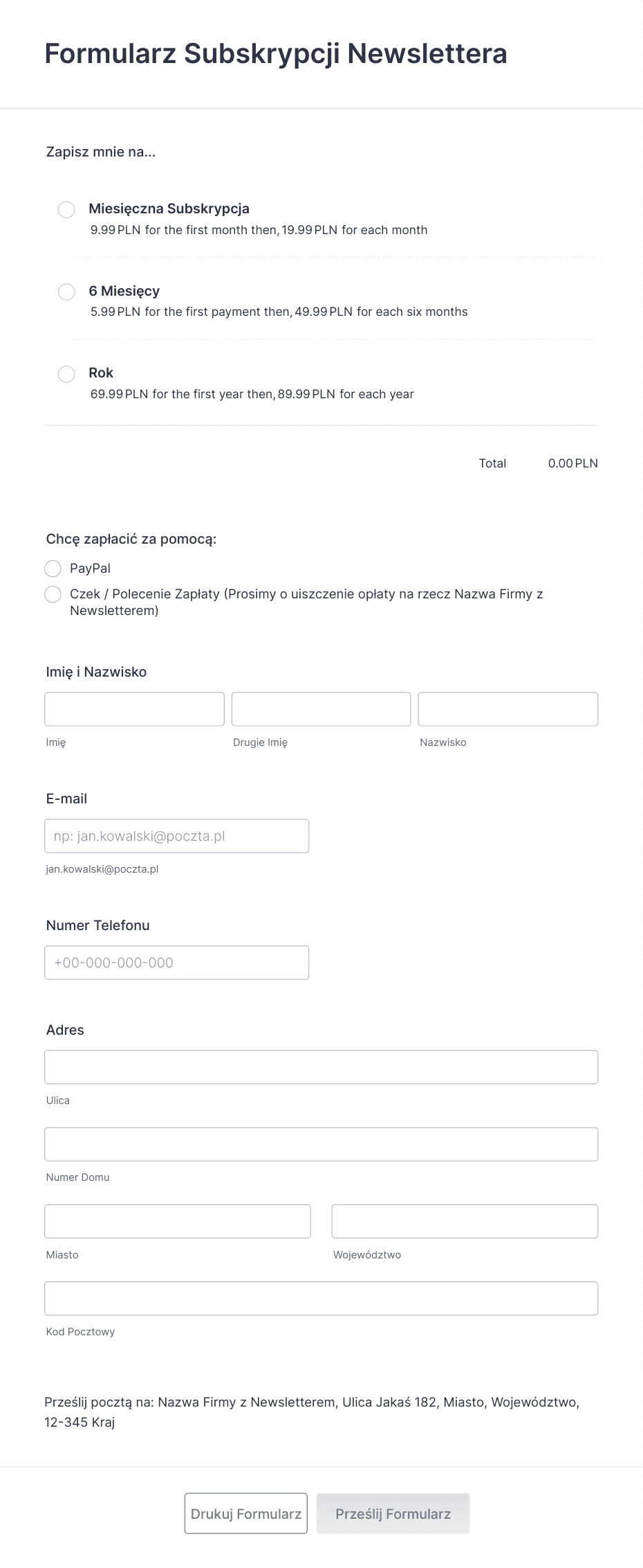 Formularz Subskrypcji Newslettera Szablon Formularza | Jotform