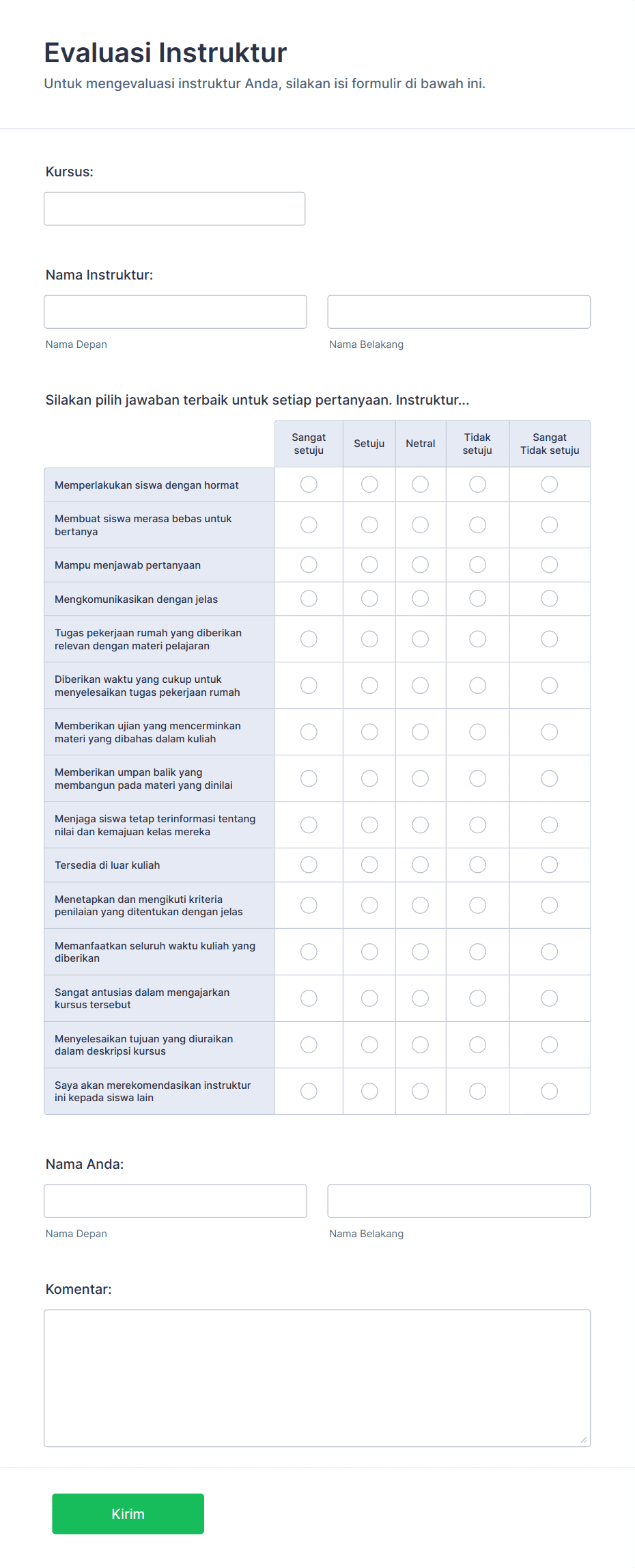 Formulir Evaluasi Instruktur Sederhana Template Formulir | Jotform
