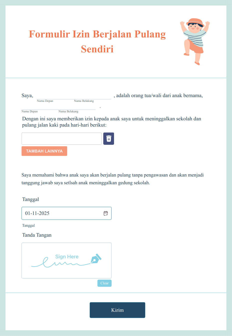 Formulir Izin Berjalan Pulang Sendiri Template Formulir | Jotform