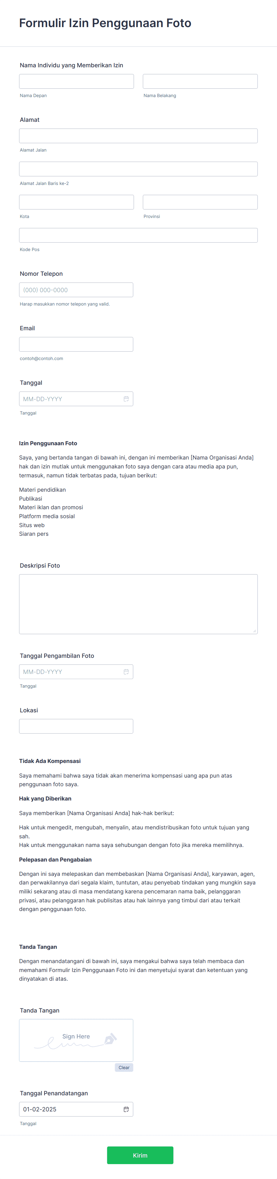 Formulir Izin Penggunaan Foto Template Formulir | Jotform
