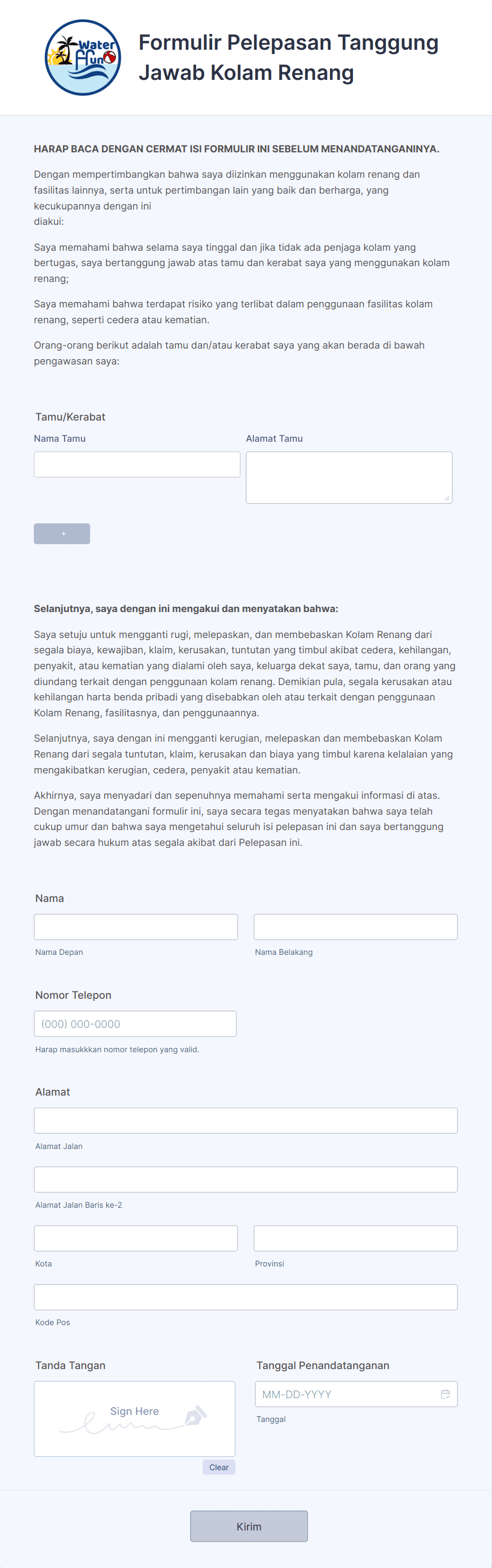 Formulir Pelepasan Tanggung Jawab Kolam Renang Template Formulir | Jotform