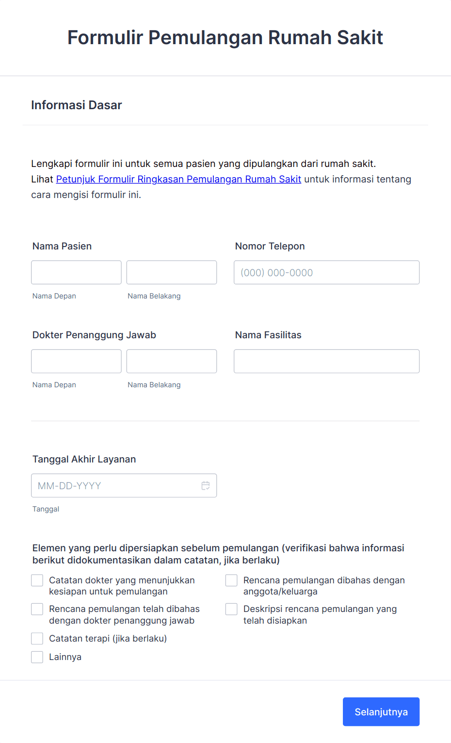 Formulir Pemulangan Rumah Sakit Template Formulir | Jotform