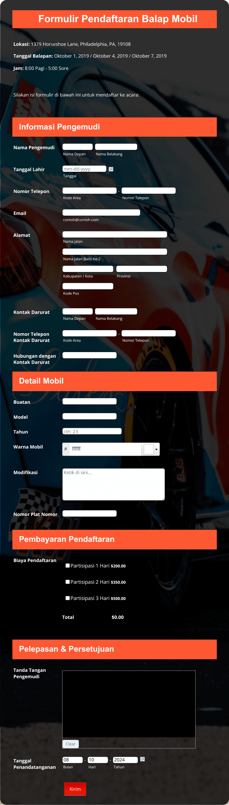 Formulir Pendaftaran Balap Mobil Template Formulir | Jotform