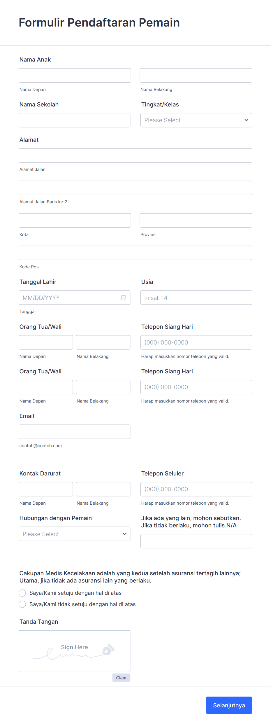 Formulir Pendaftaran Pemain Template Formulir | Jotform