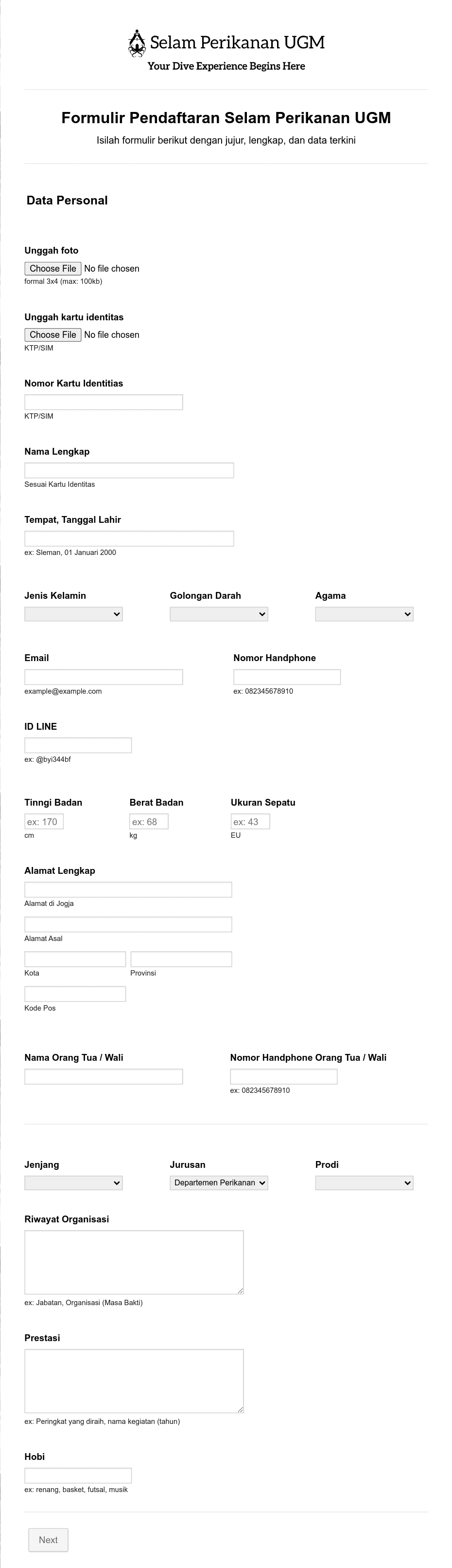 Formulir Pendaftaran Selam Perikanan UGM Template Formulir | Jotform