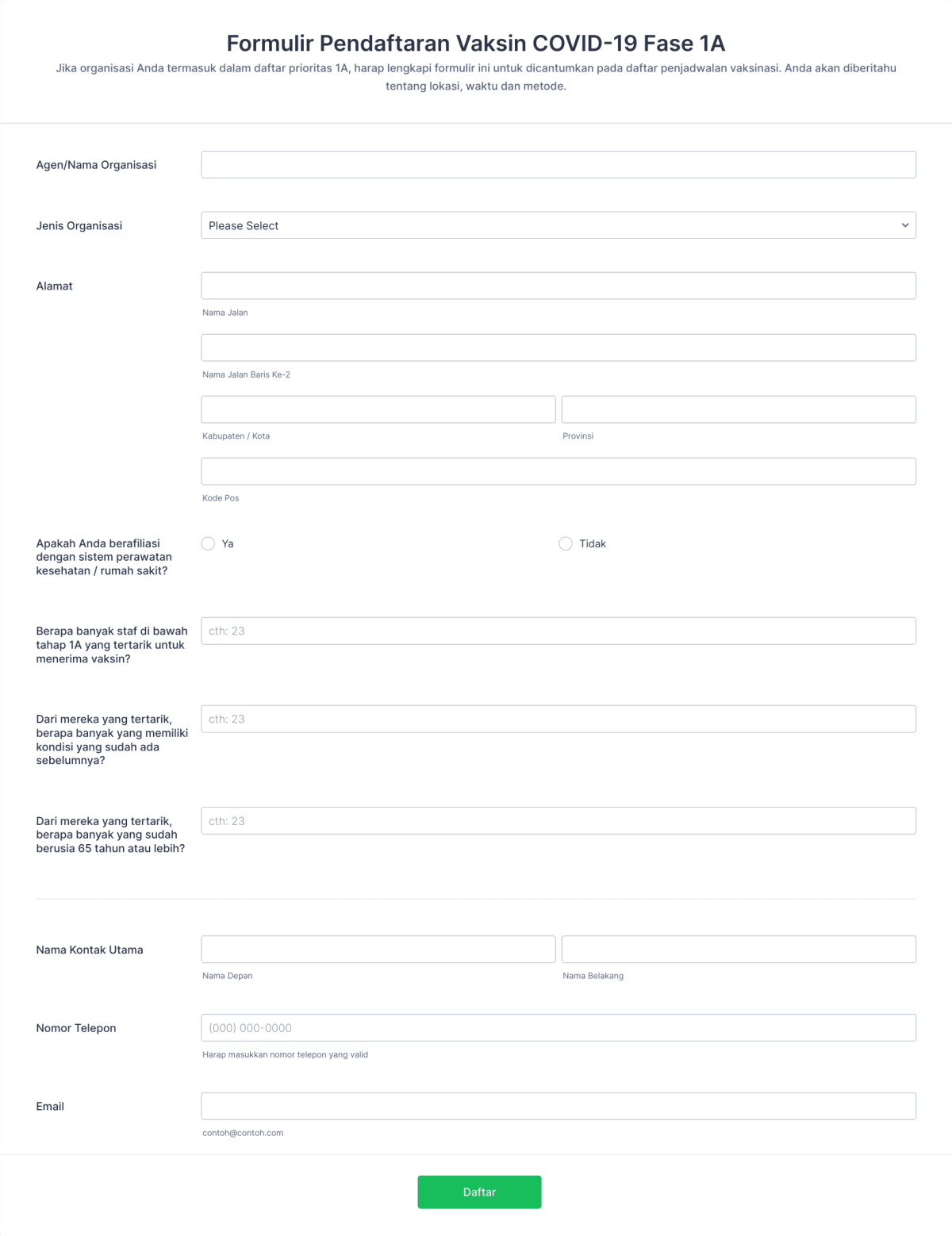 Formulir Pendaftaran Vaksin COVID-19 Fase 1A Template Formulir | Jotform