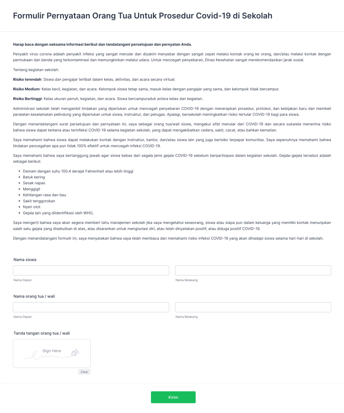 Formulir Pernyataan Orang Tua Untuk Prosedur Covi... Template Formulir ...