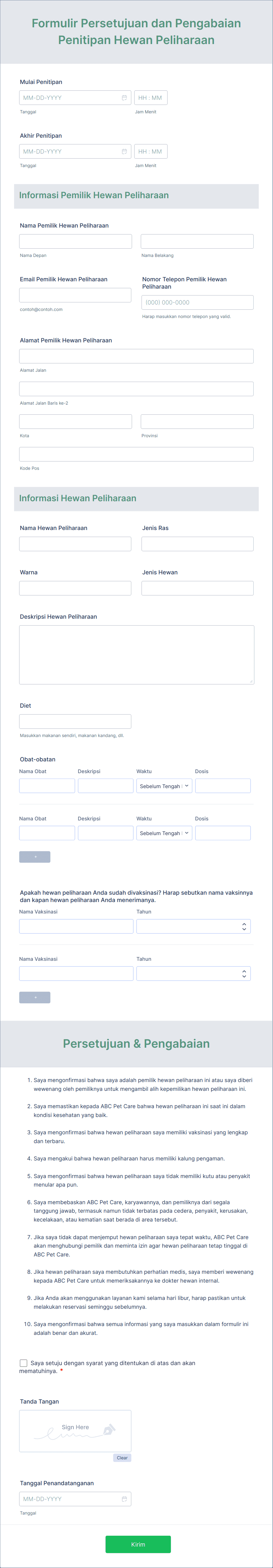Formulir Persetujuan dan Pengabaian Penitipan Hewan Peliharaan Template ...