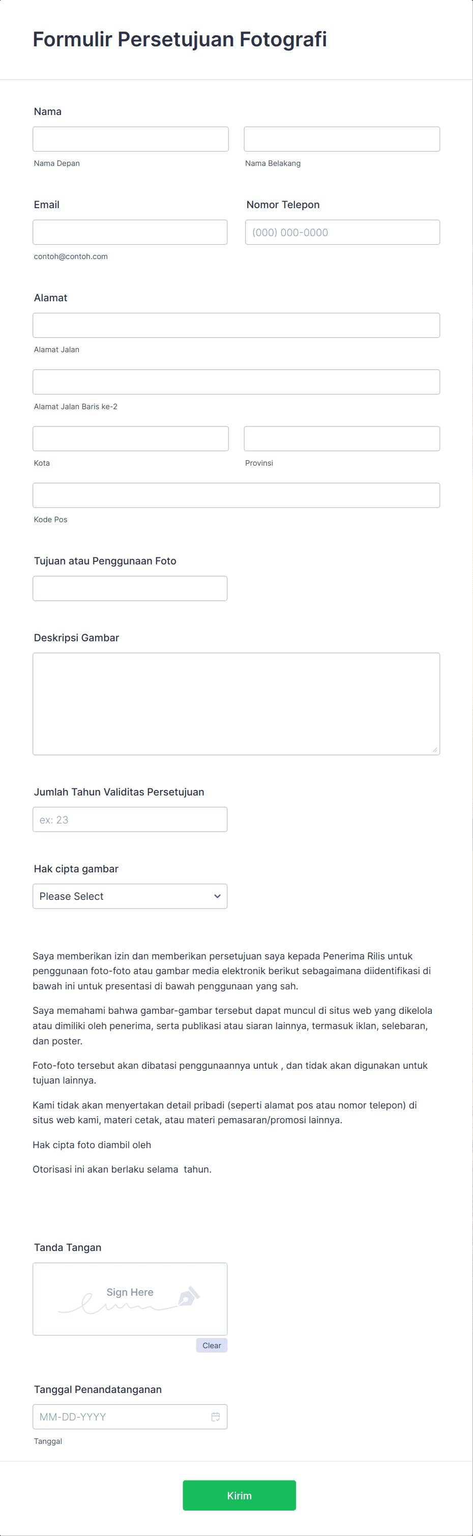 Formulir Persetujuan Fotografi Template Formulir | Jotform