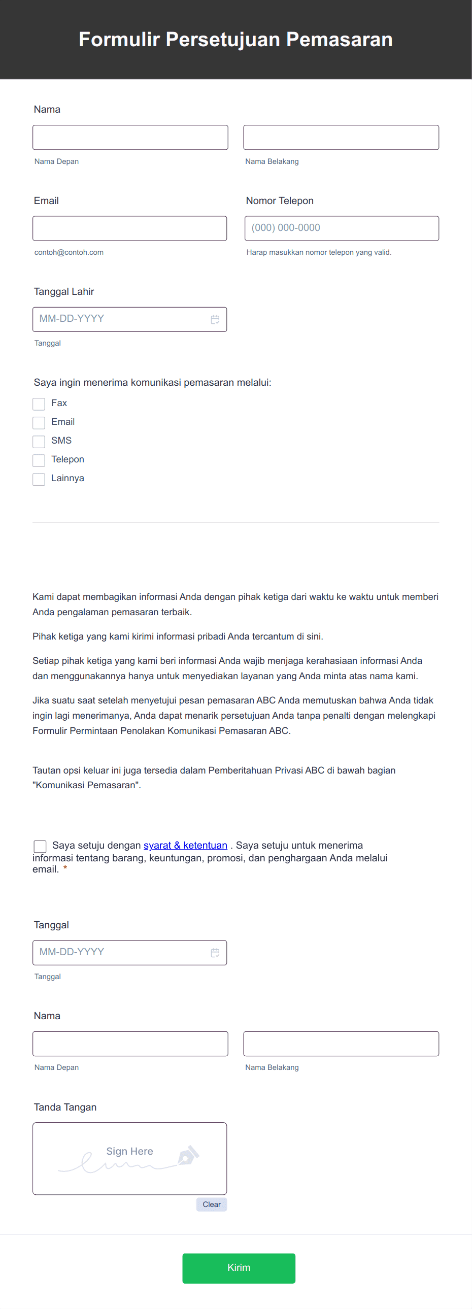 Formulir Persetujuan Pemasaran Template Formulir | Jotform