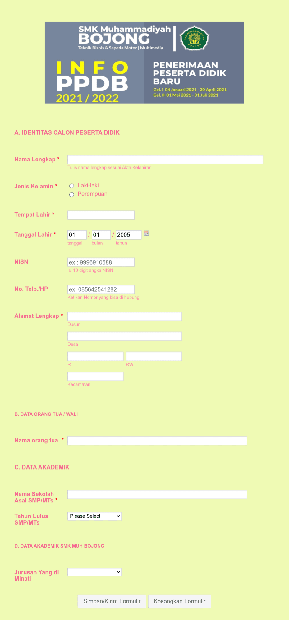 Ppdb Smk Muhammadiyah Bojong Template Formulir | Jotform