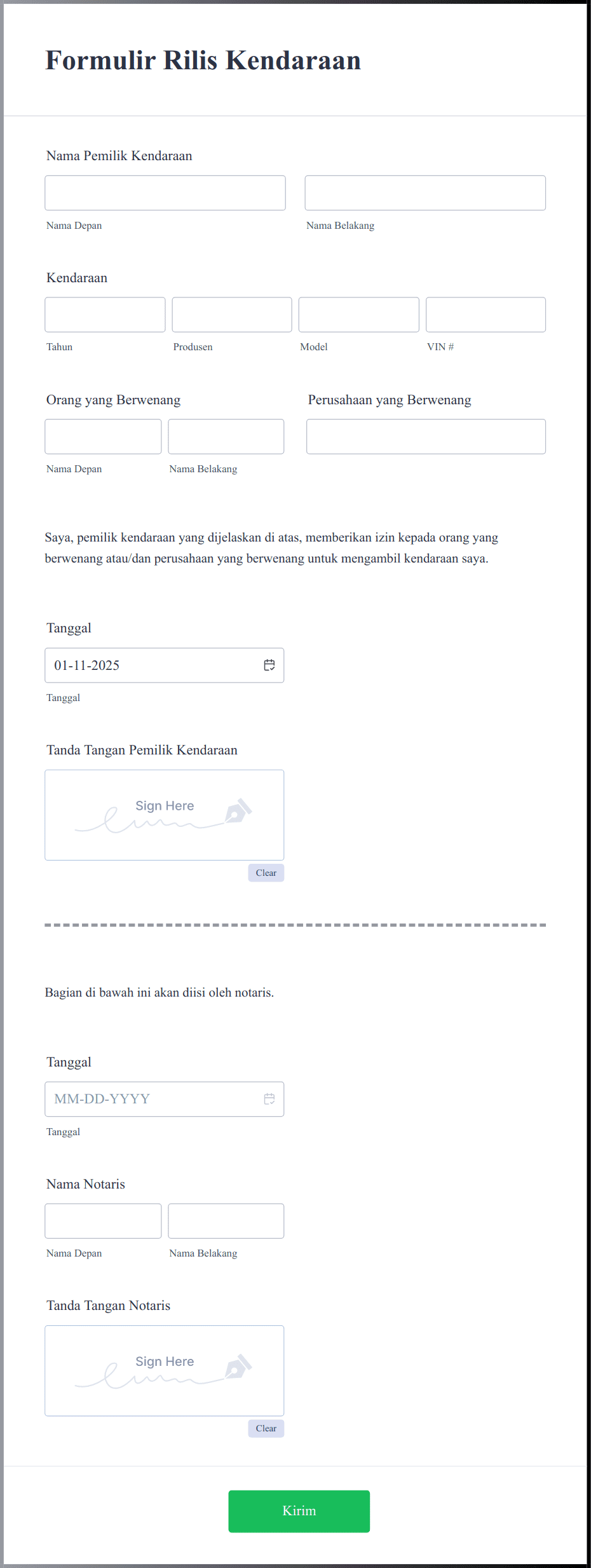 Formulir Rilis Kendaraan | Jotform