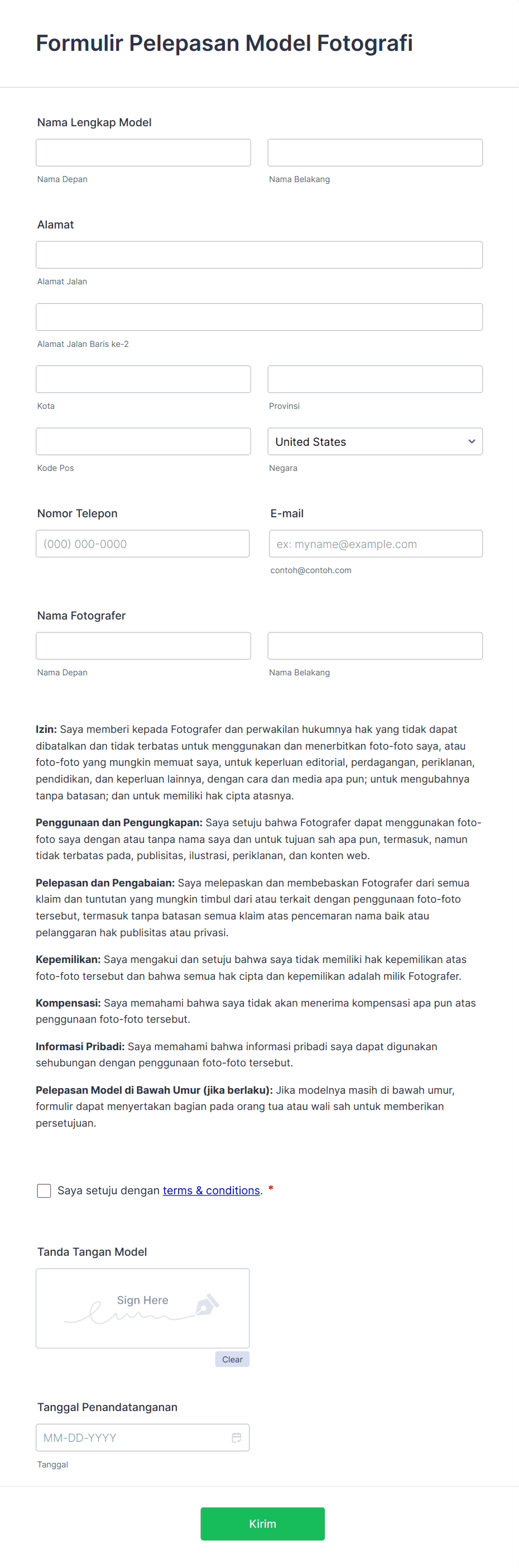 Formulir Rilis Model Fotografi Template Formulir | Jotform