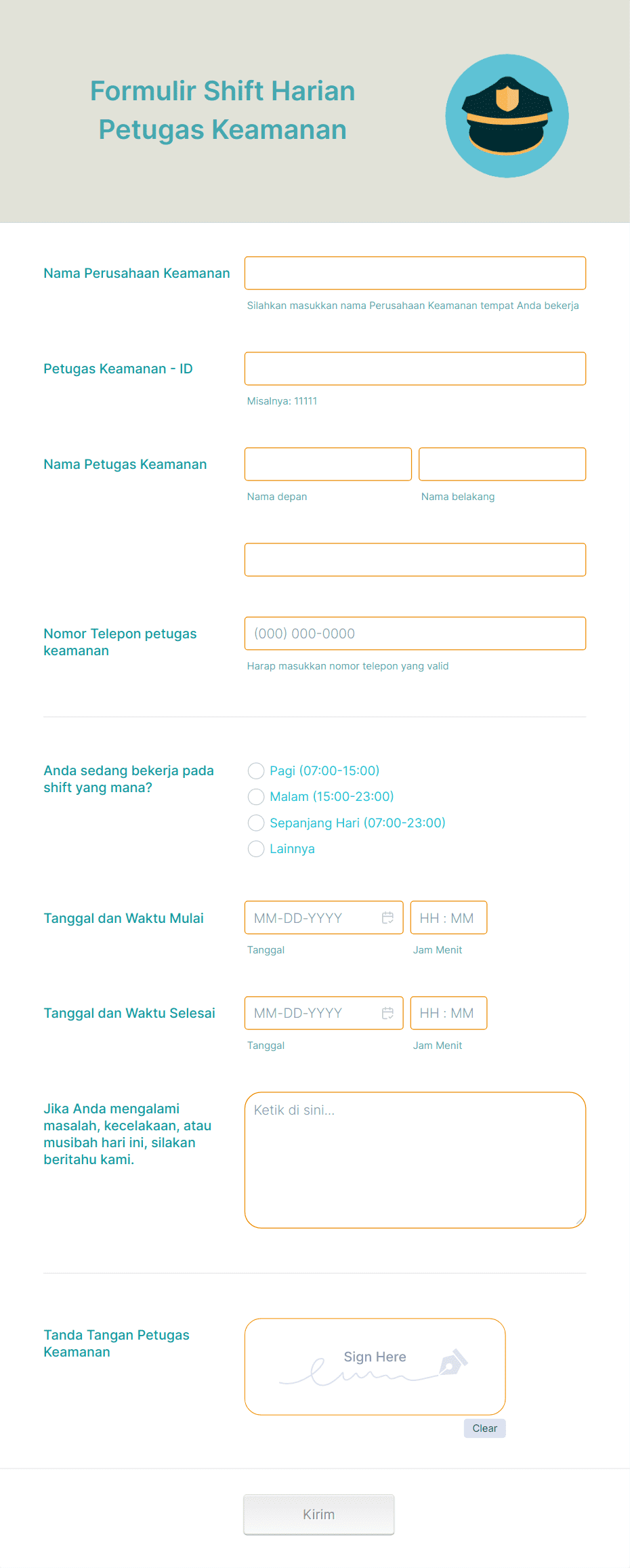 Formulir Shift Harian Petugas Keamanan Template Formulir | Jotform