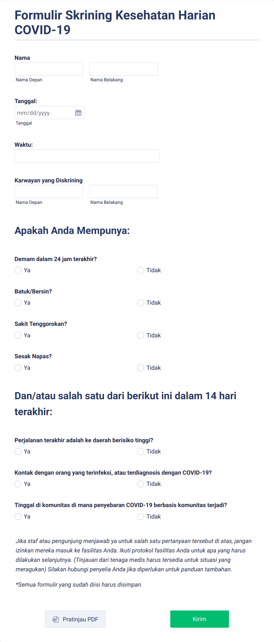 Formulir Skrining Kesehatan Harian Covid-19 Template Formulir | Jotform