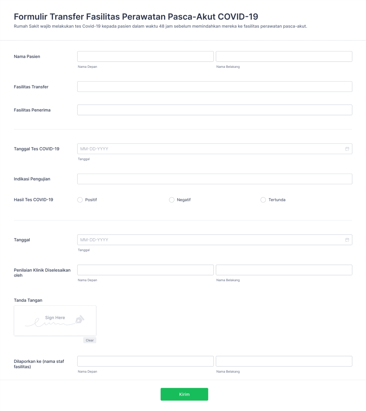 Formulir Transfer Fasilitas Perawatan Pasca-Akut COVID-19 Template ...