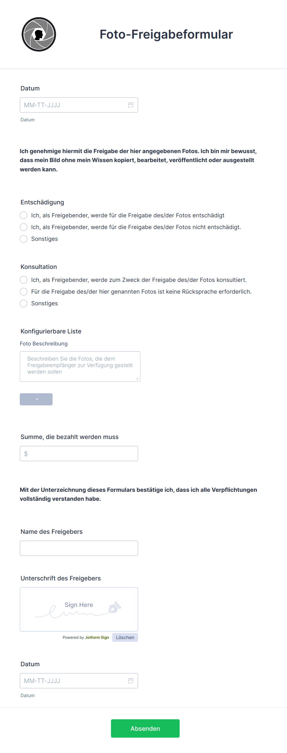 Foto-Freigabeformular Formularvorlage | Jotform