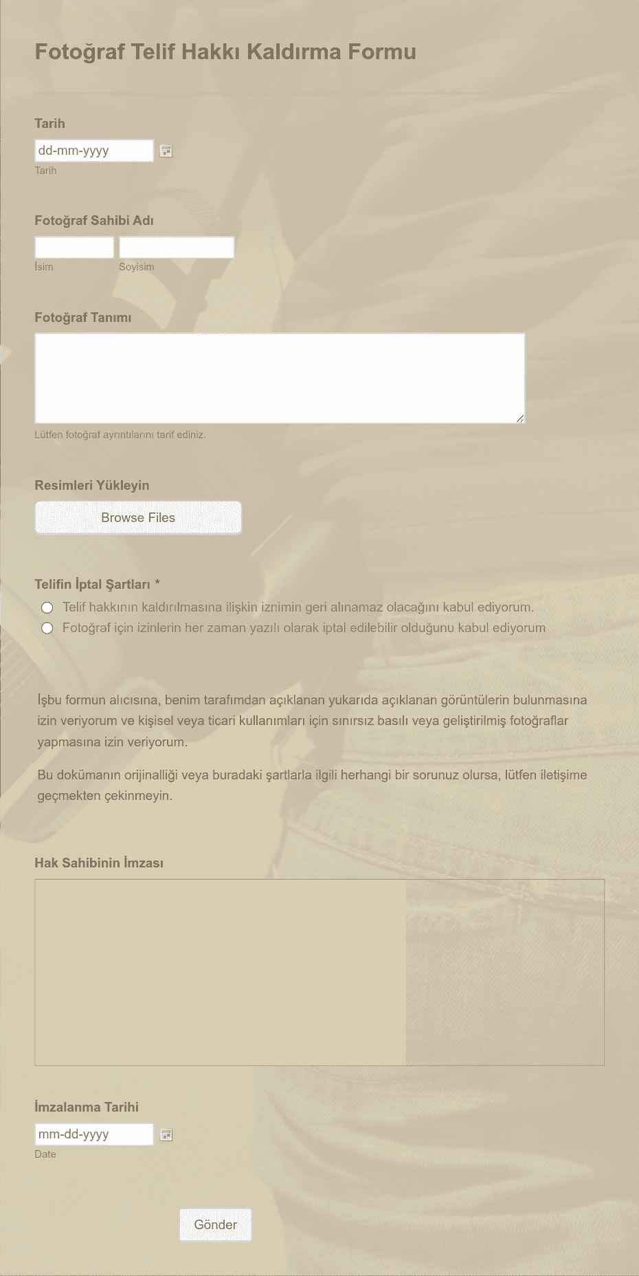 Fotoğraf Telif Hakkı Kaldırma Form Şablonu | Jotform