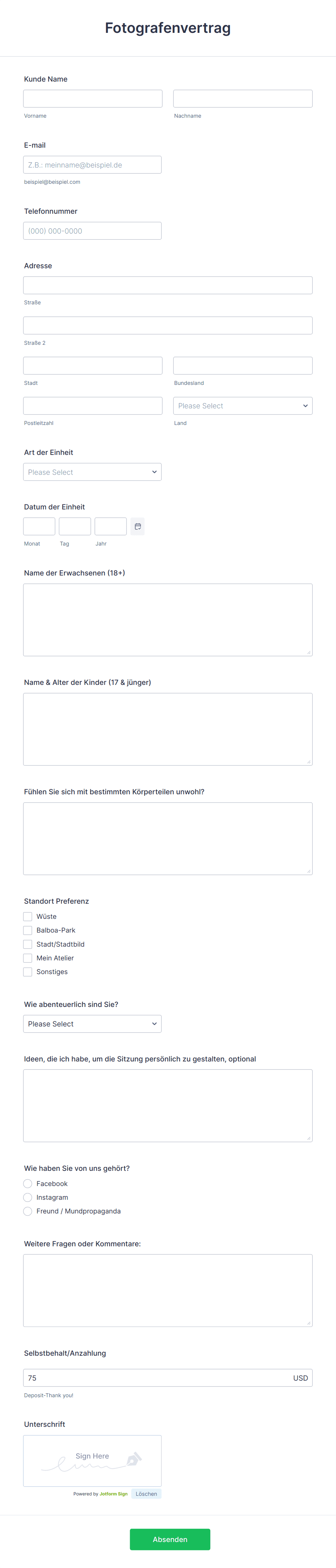 Fotografenvertrag Formularvorlage | Jotform