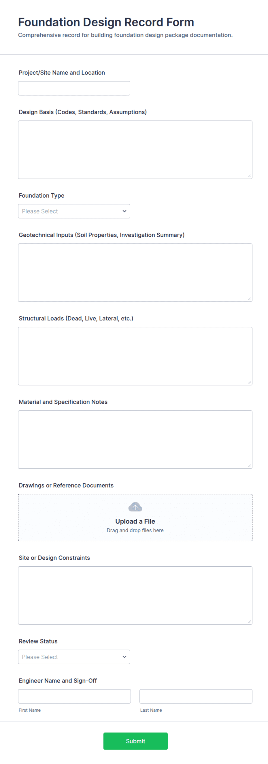 Foundation Design Record Form Template | Jotform
