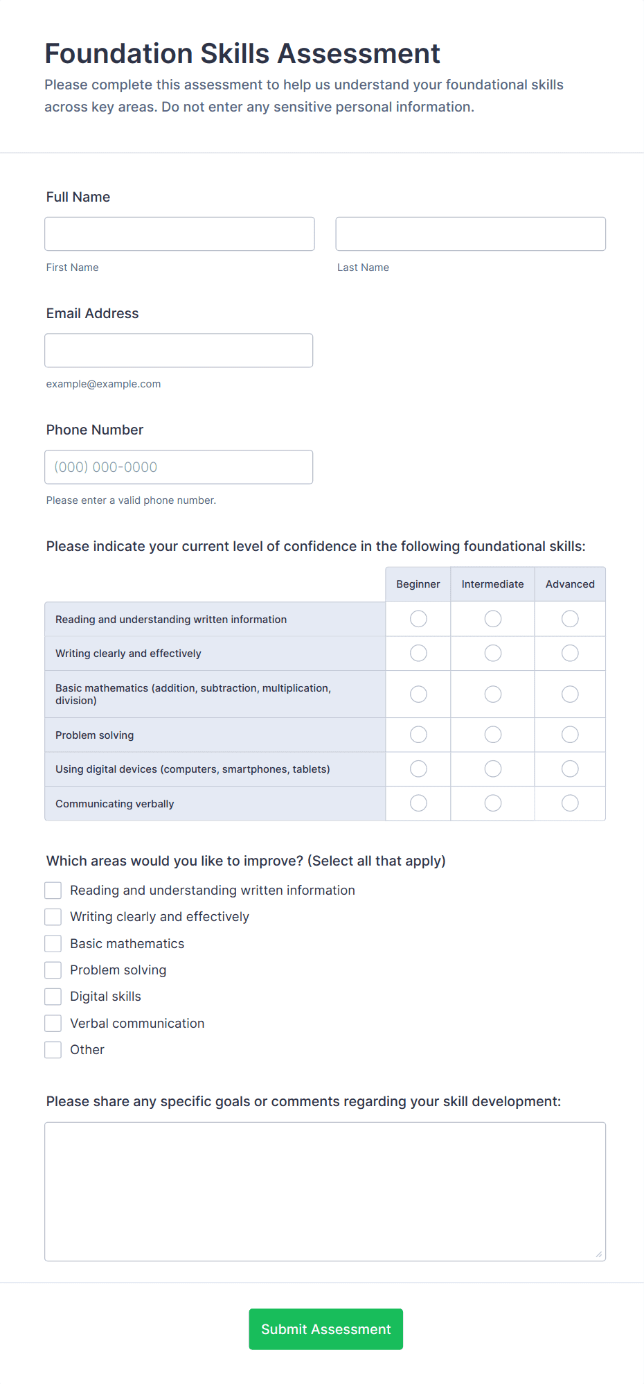 Foundation Skills Assessment Form Template | Jotform