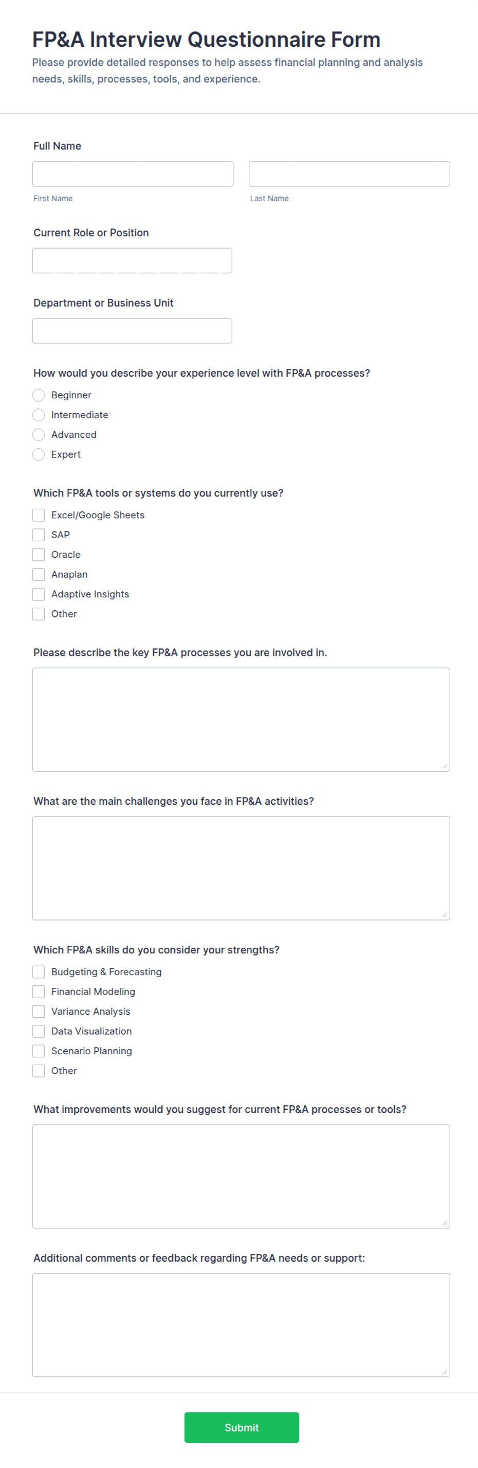 FP&A Interview Questionnaire Form Template | Jotform