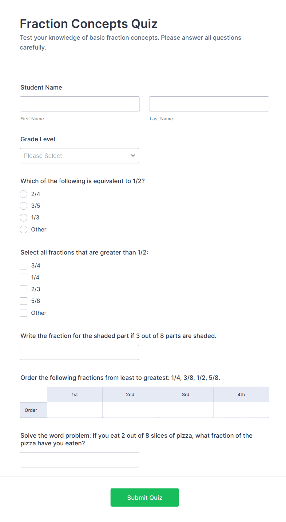 Fraction Concepts Quiz Form Template | Jotform