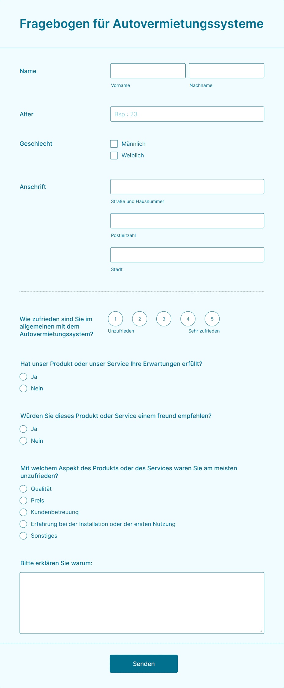 Fragebogen für Autovermietungssysteme Formularvorlage | Jotform