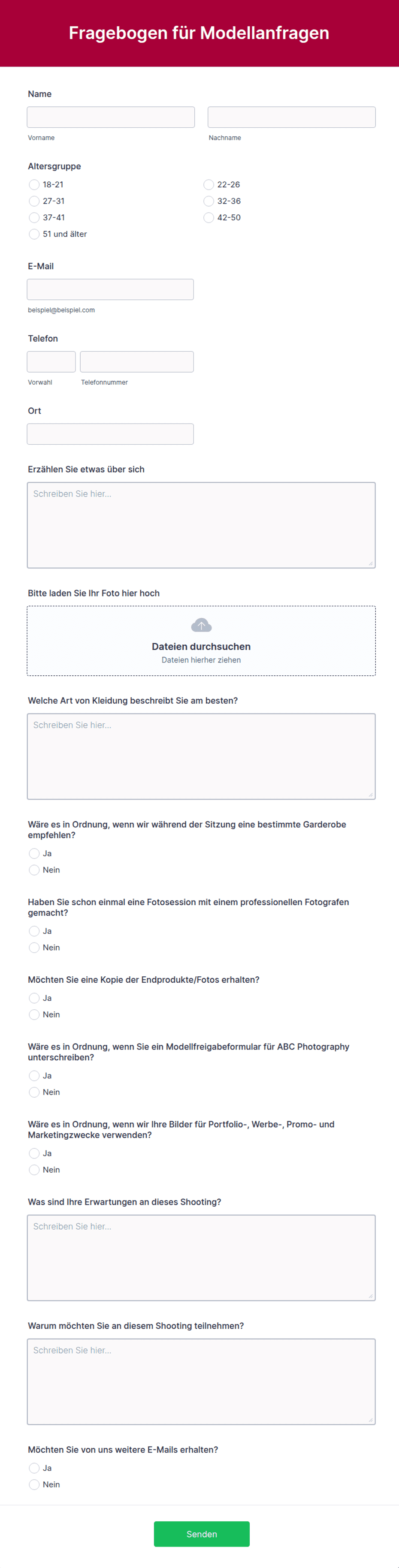 Fragebogen für Modellanfragen Formularvorlage | Jotform