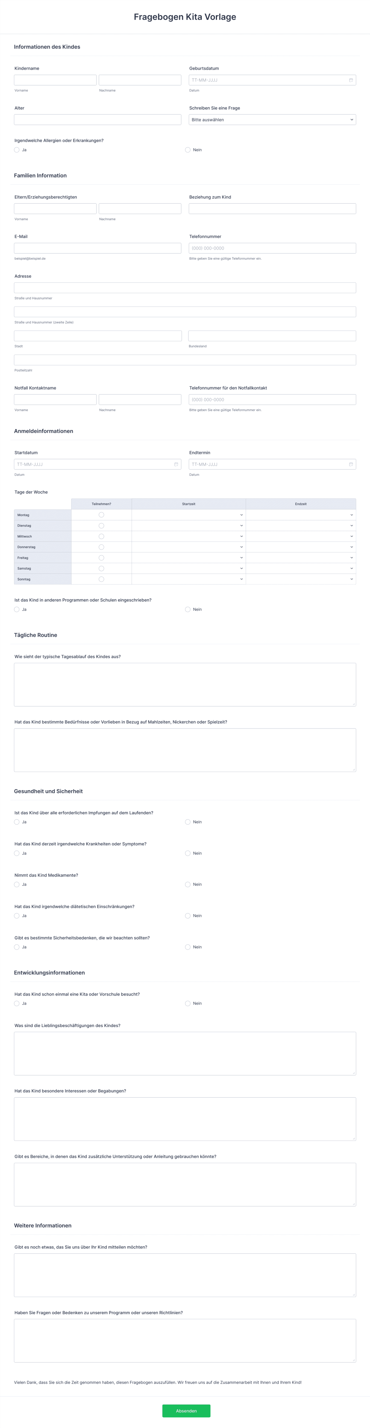 Fragebogen Kita Vorlage Formularvorlage | Jotform