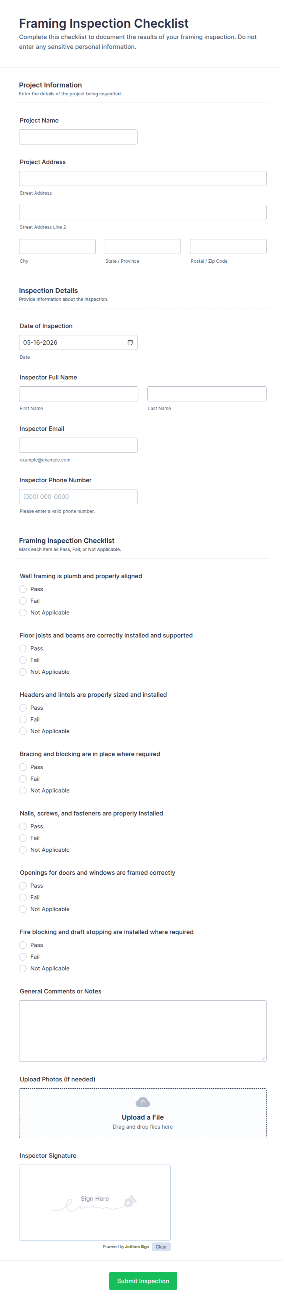 Framing Inspection Checklist Form Template | Jotform