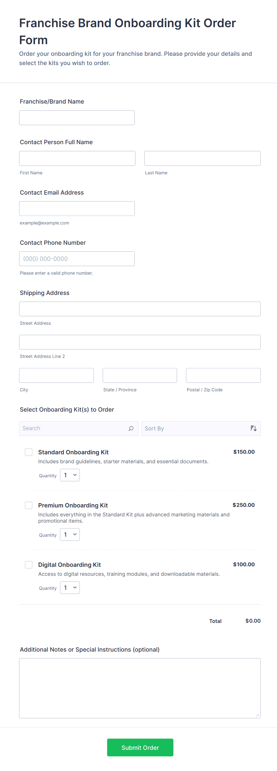 Franchise Brand Onboarding Kit Order Form Template | Jotform