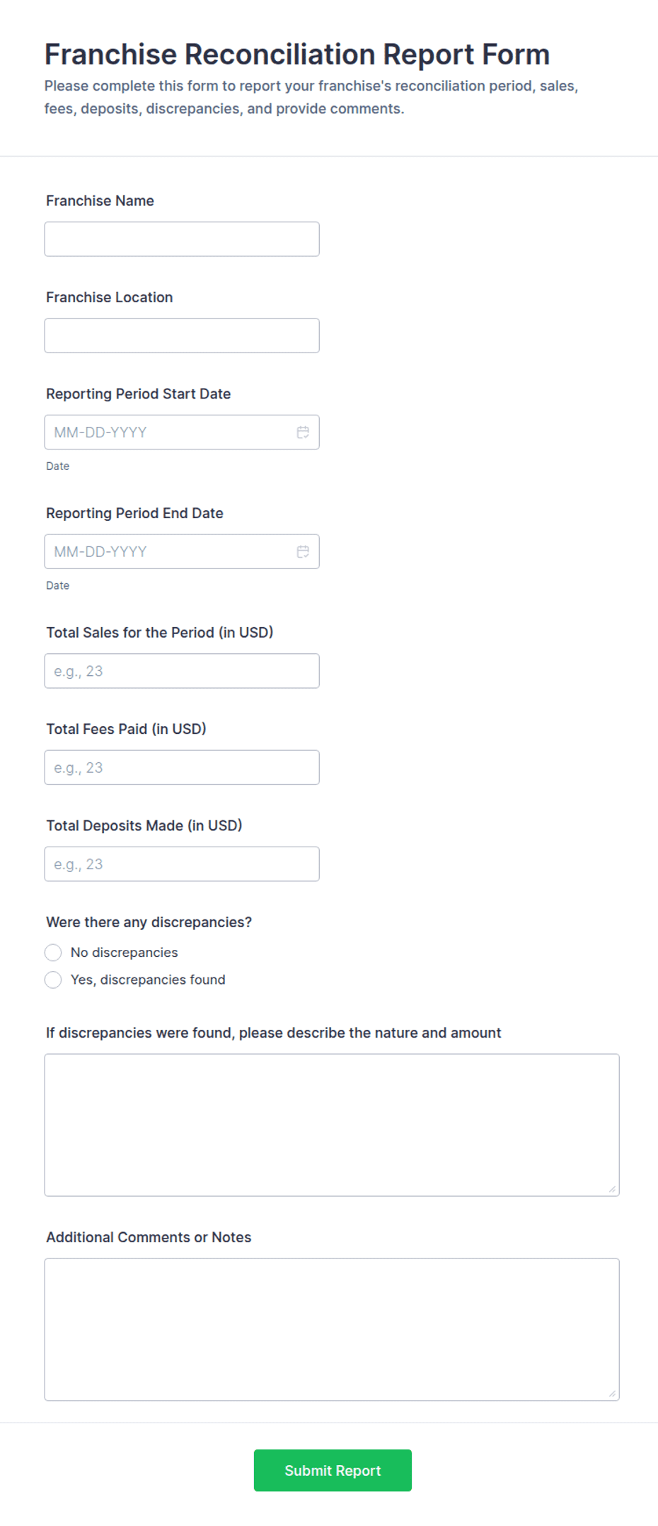 Franchise Reconciliation Report Form Template | Jotform