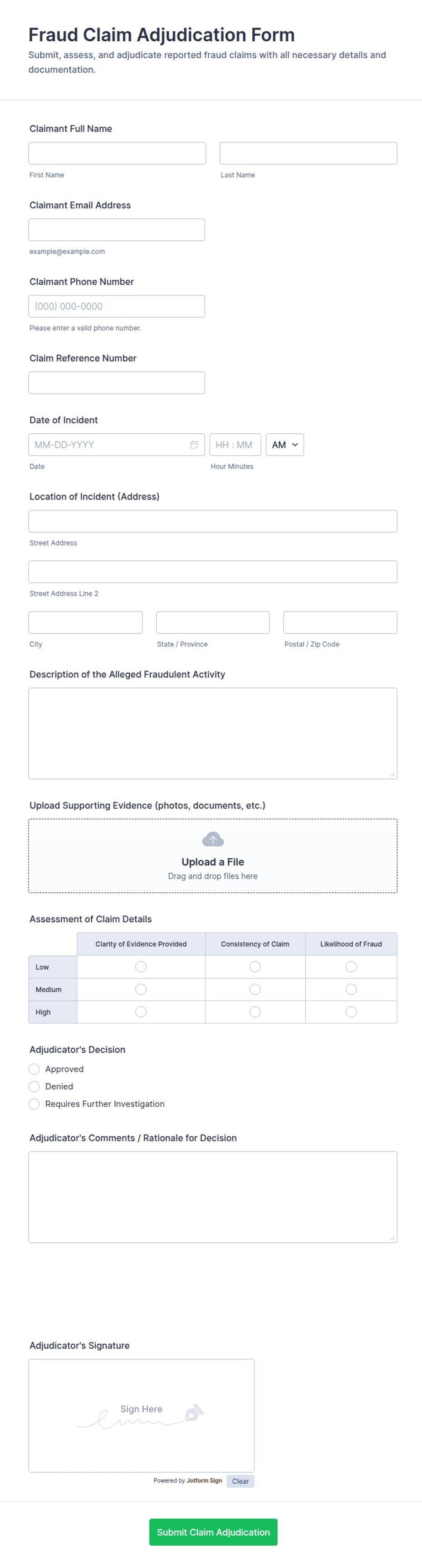 Fraud Claim Adjudication Form Template | Jotform