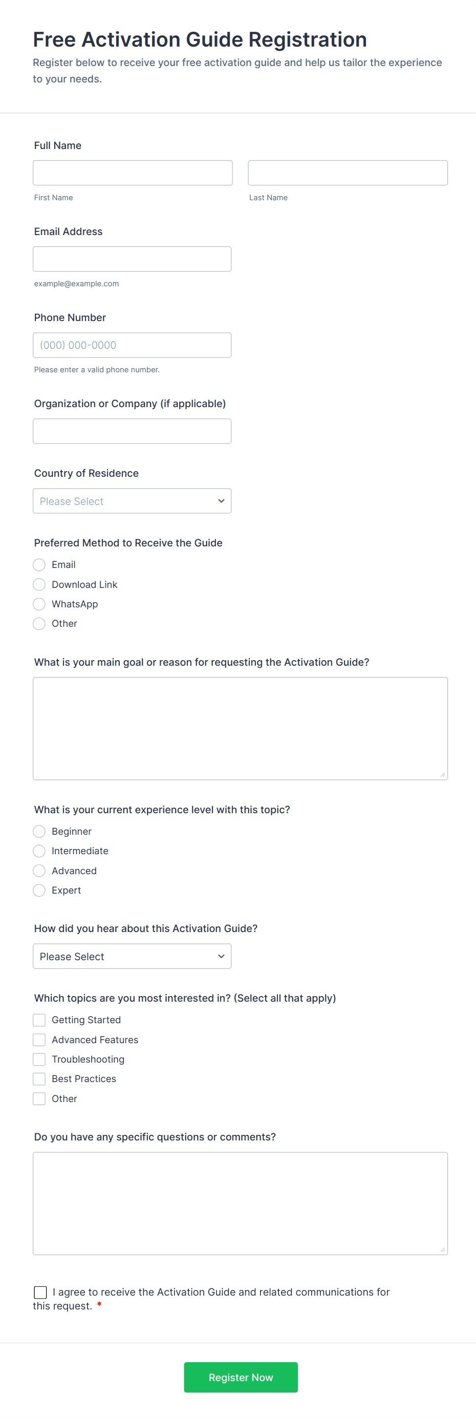 Free Activation Guide Registration Form Template | Jotform